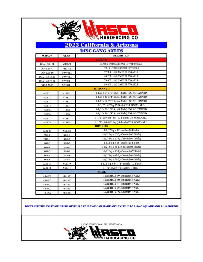 DISC HARROW REPLACEMENT AXLES – Wasco Hardfacing Co